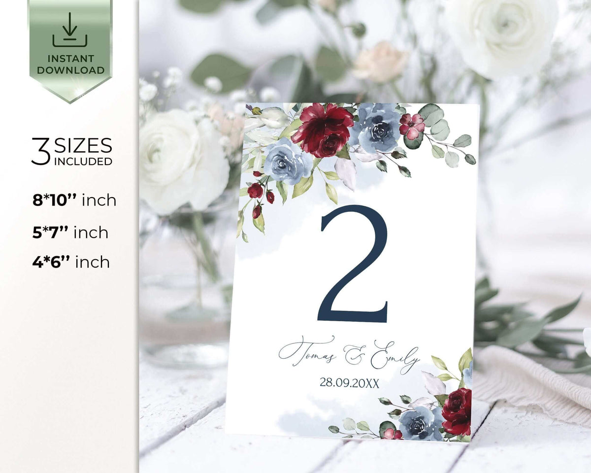 Burgundy And Dusty Blue Table Numbers | Wedding Table Stationery ...