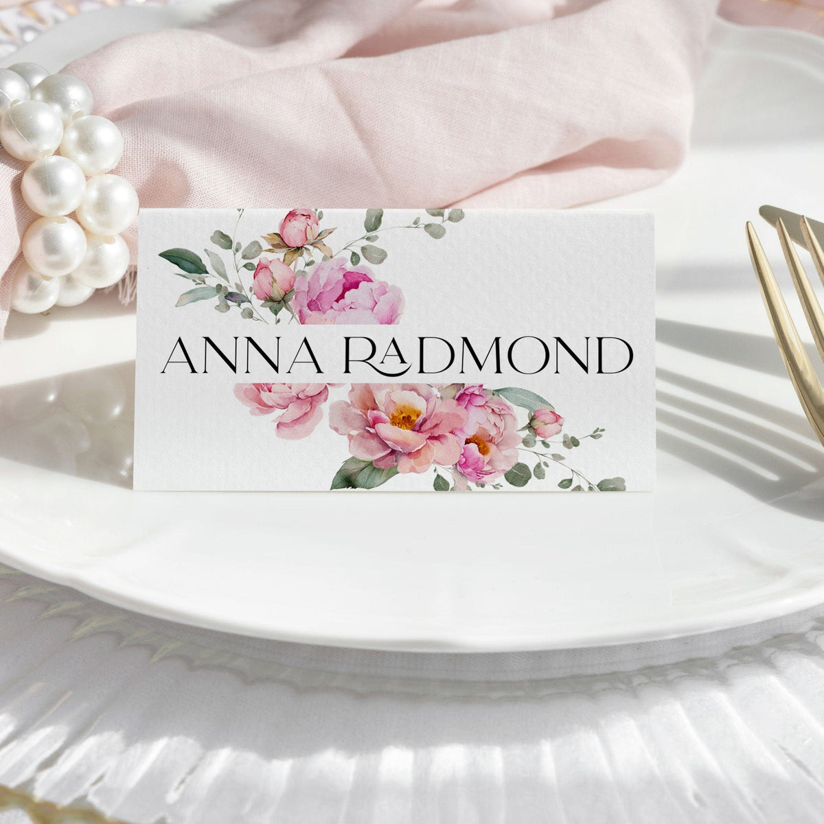 Blush Peony Wedding Name Card | DIY Floral Place Cards – LovePaperEvent